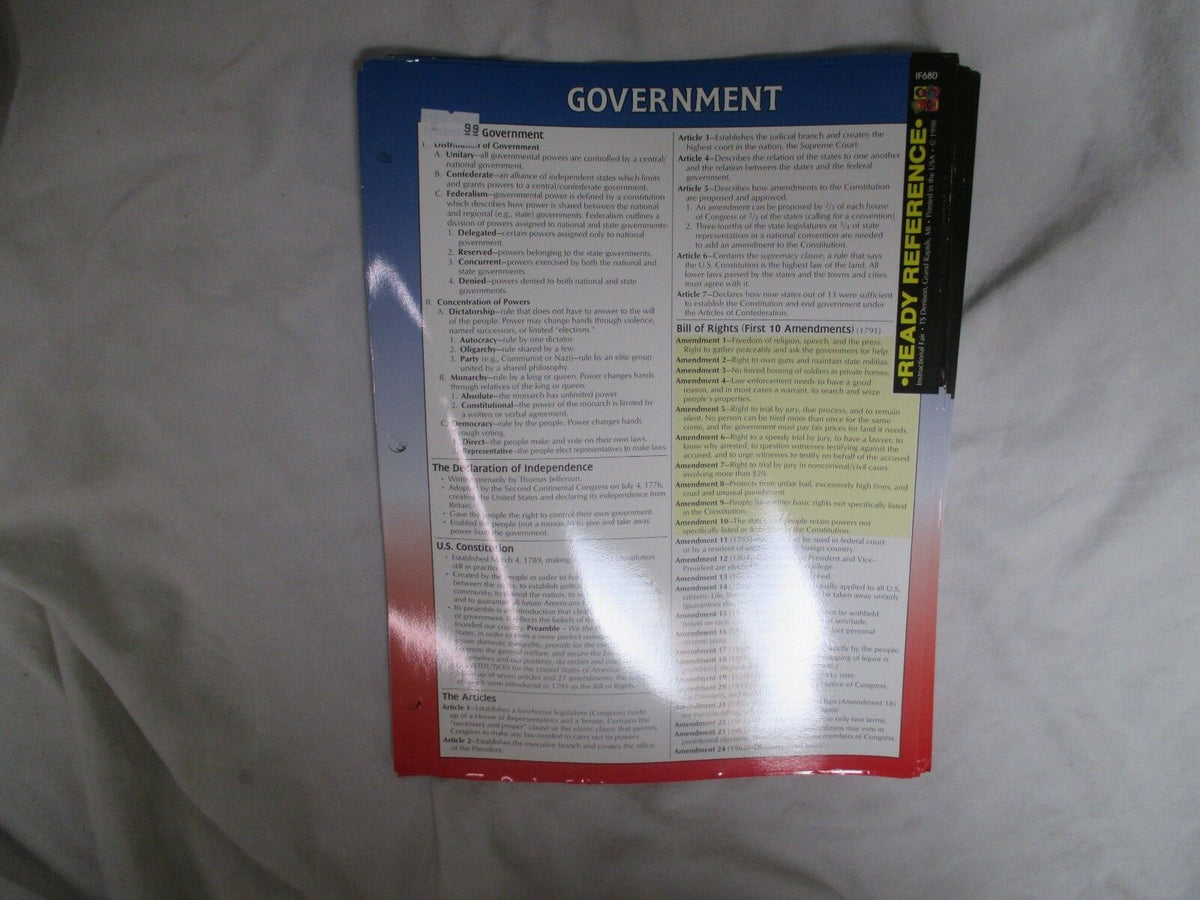 INSTRUCTIONAL FAIR READY REFERENCE CARDS: GOVERNMENT - LOT OF 18 ...